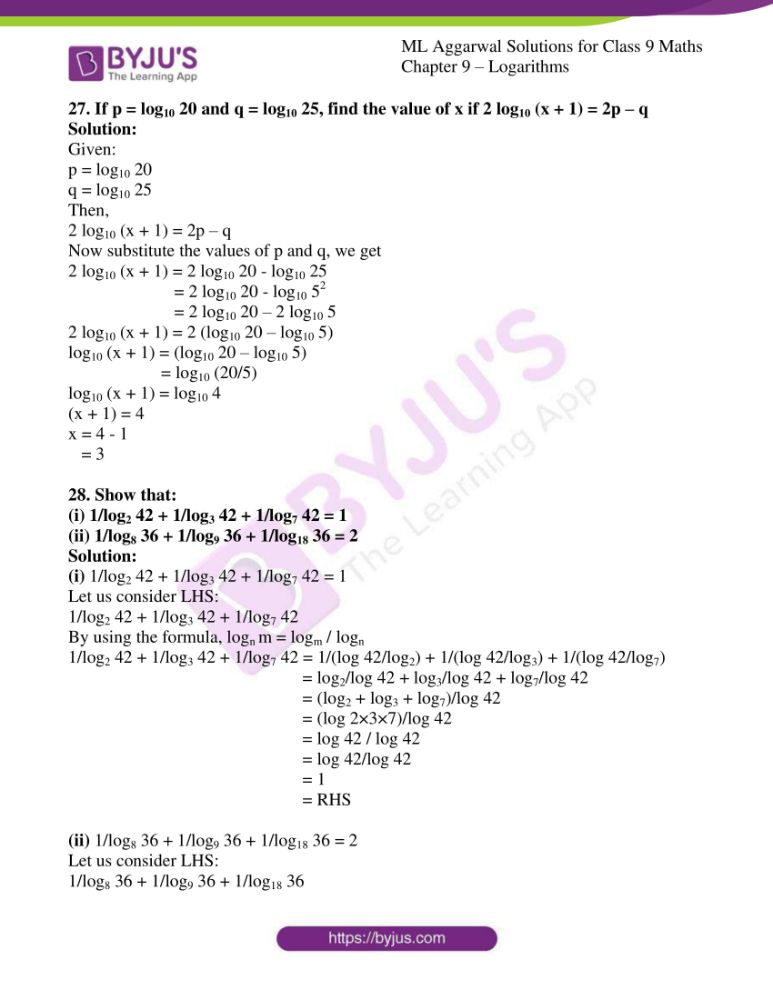 ML Aggarwal Solutions for Class 9 Chapter 9 - Logarithms get free pdf