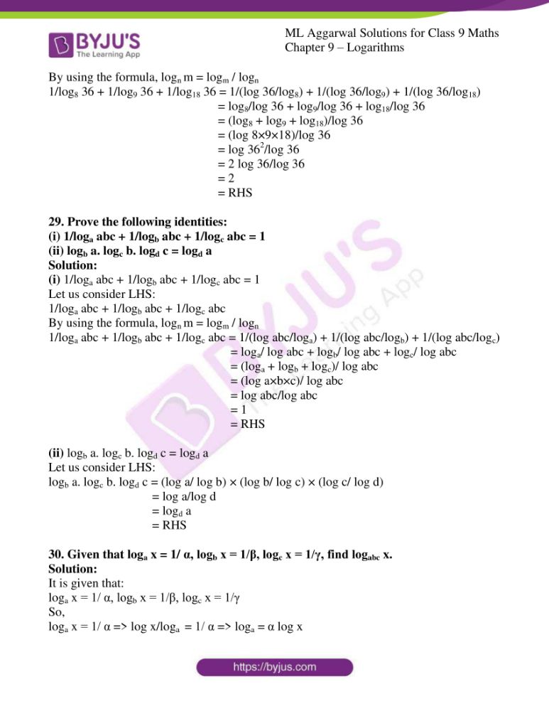 ML Aggarwal Solutions for Class 9 Chapter 9 - Logarithms get free pdf