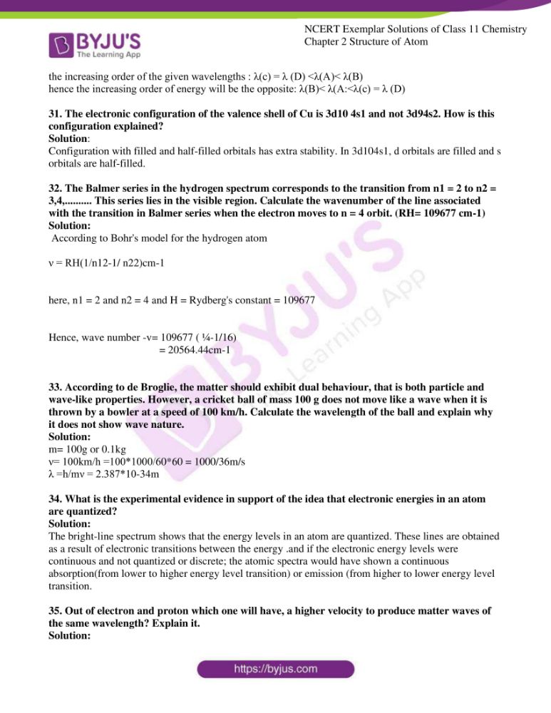 NCERT Exemplar Class 11 Chemistry Solutions Chapter 2 - Structure of Atom