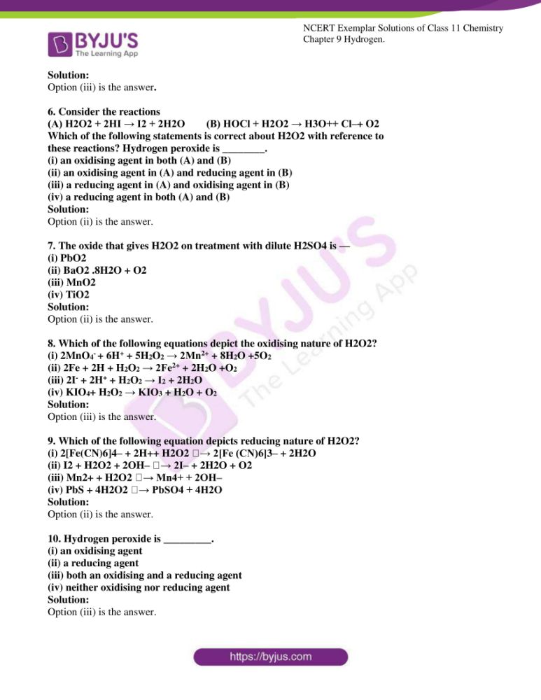 NCERT Exemplar Class 11 Chemistry Solutions Chapter 9 Hydrogen NCERT Exemplar Class 11 Chemistry Solutions Chapter 9 Hydrogen