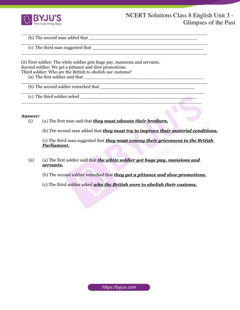 NCERT Solutions For Class 8 English Unit 3: Glimpses of the Past - Download Solutions PDF