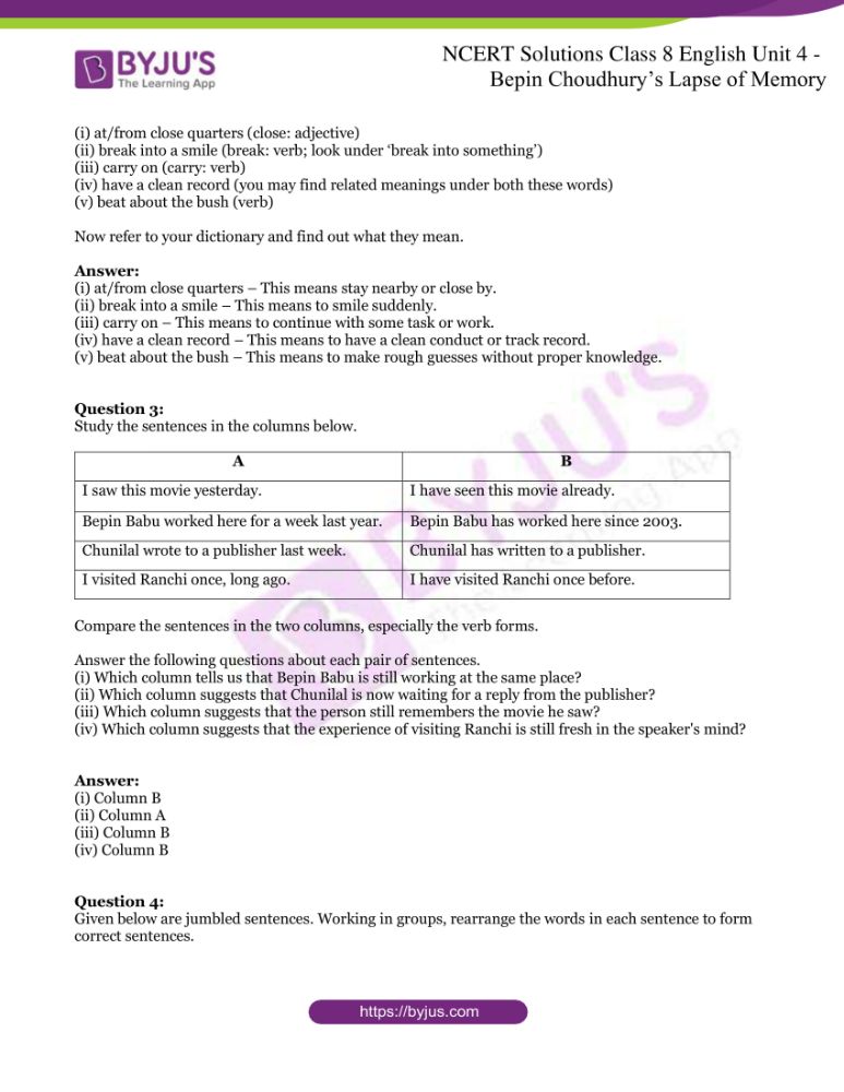 NCERT Solutions for Class 8 English Unit 4 - Bepin Choudhury’s Lapse of ...