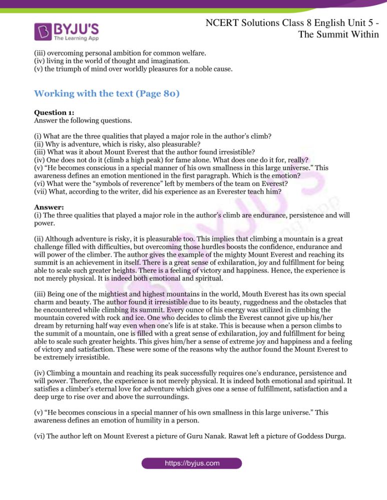 NCERT Solutions for Class 8 English Unit 5 - The Summit Within | Free ...