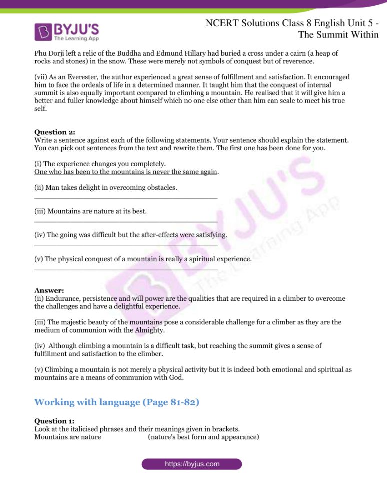 NCERT Solutions for Class 8 English Unit 5 - The Summit Within | Free ...