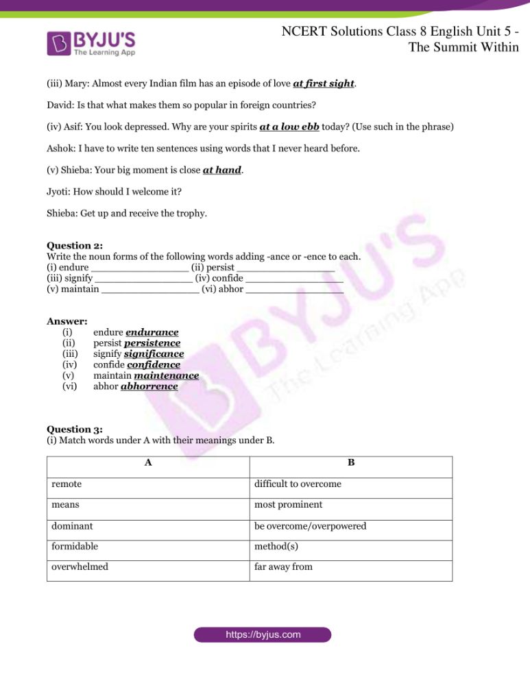 NCERT Solutions for Class 8 English Unit 5 - The Summit Within | Free ...