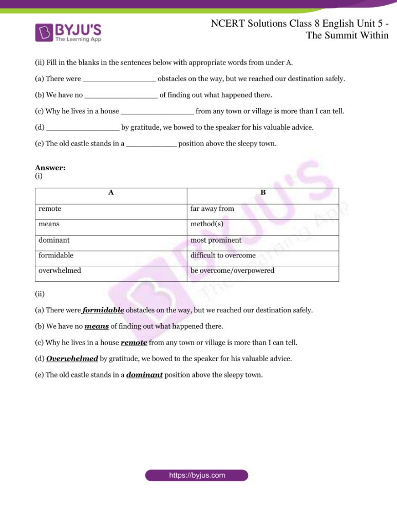NCERT Solutions for Class 8 English Unit 5 - The Summit Within | Free ...