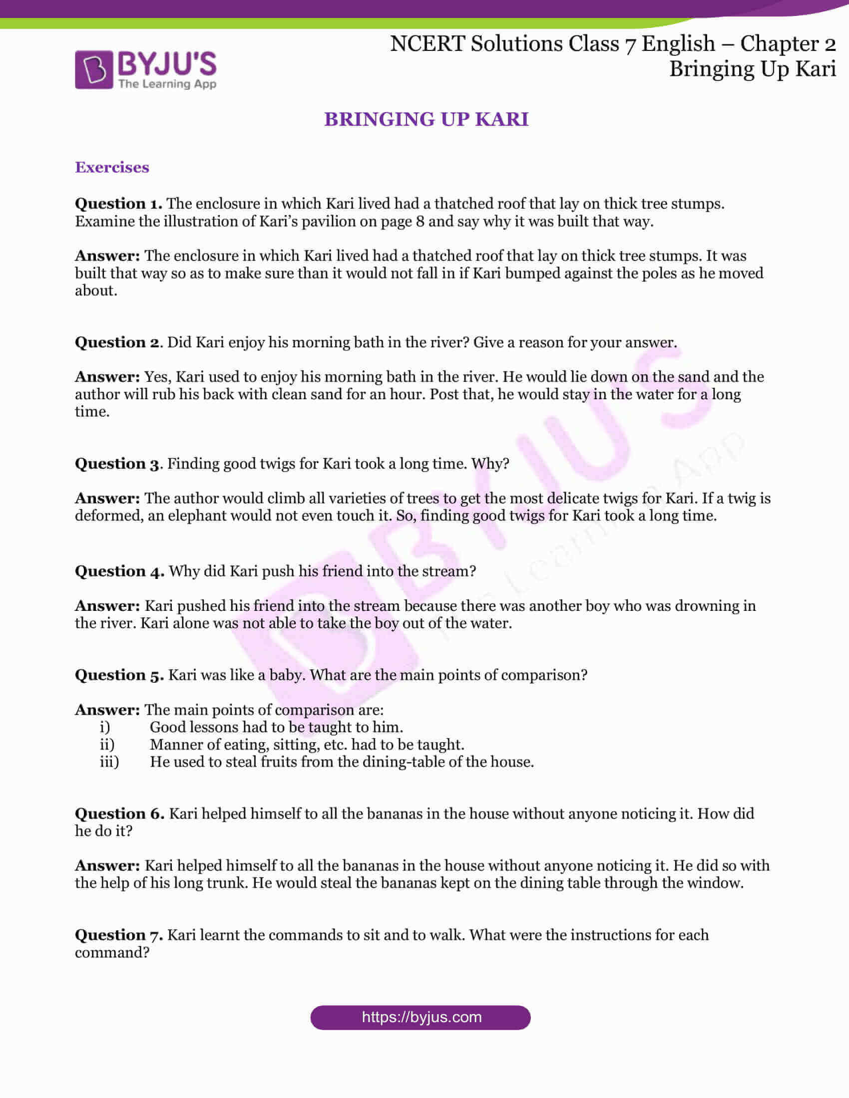 NCERT Solutions For Class 7 English Chapter 2 Bringing Up Kari