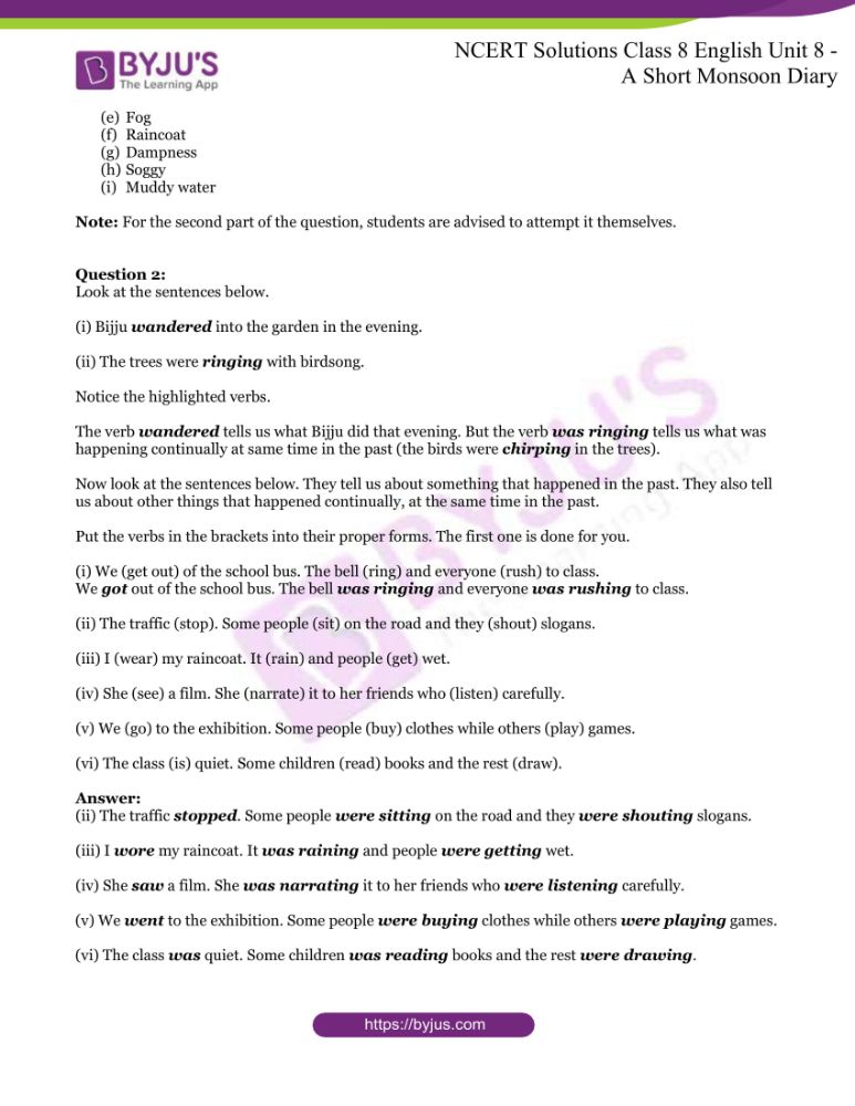NCERT Solutions For Class 8 English Unit 8 A Short Monsoon Diary NCERT Solutions For Class 8 English Unit 8 A Short Monsoon Diary