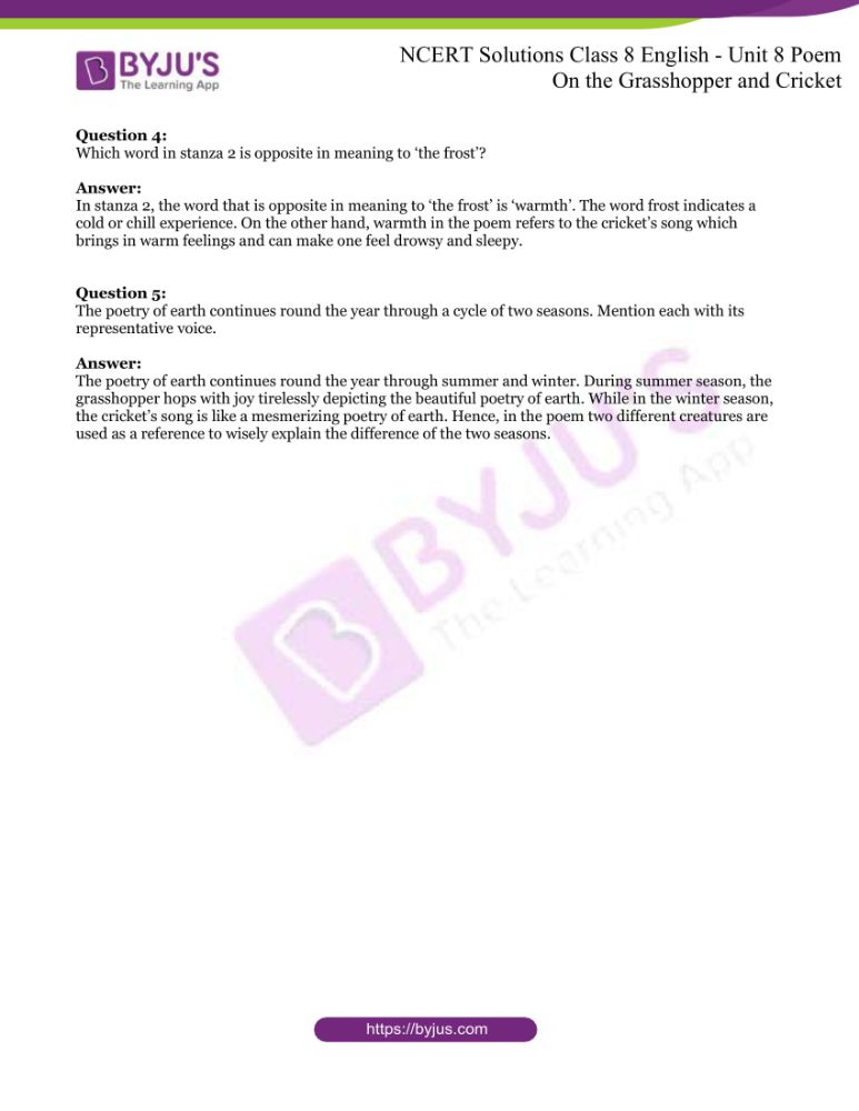 NCERT Solutions for Class 8 English Unit 8 Poem - On the Grasshopper ...