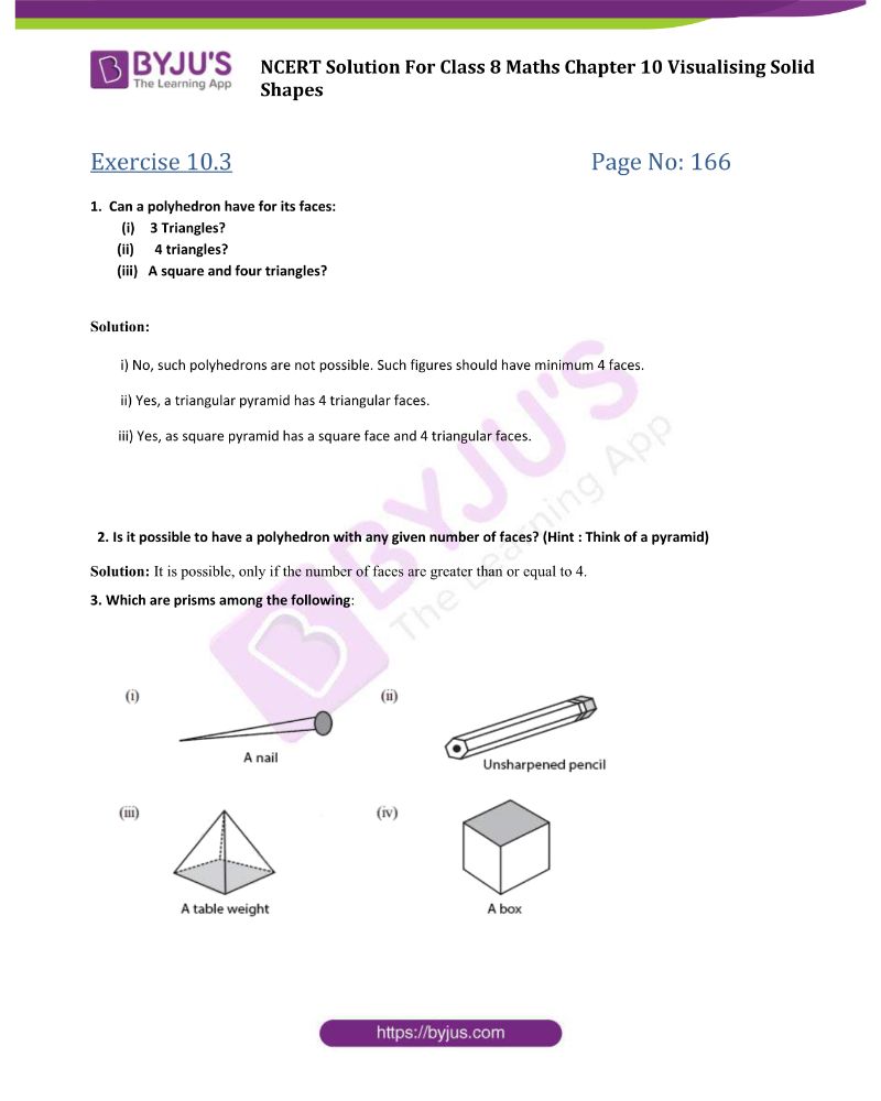 NCERT Solutions for Class 8 Maths Chapter 10 Visualizing Solid Shapes Ex 10.3 Free PDF Download