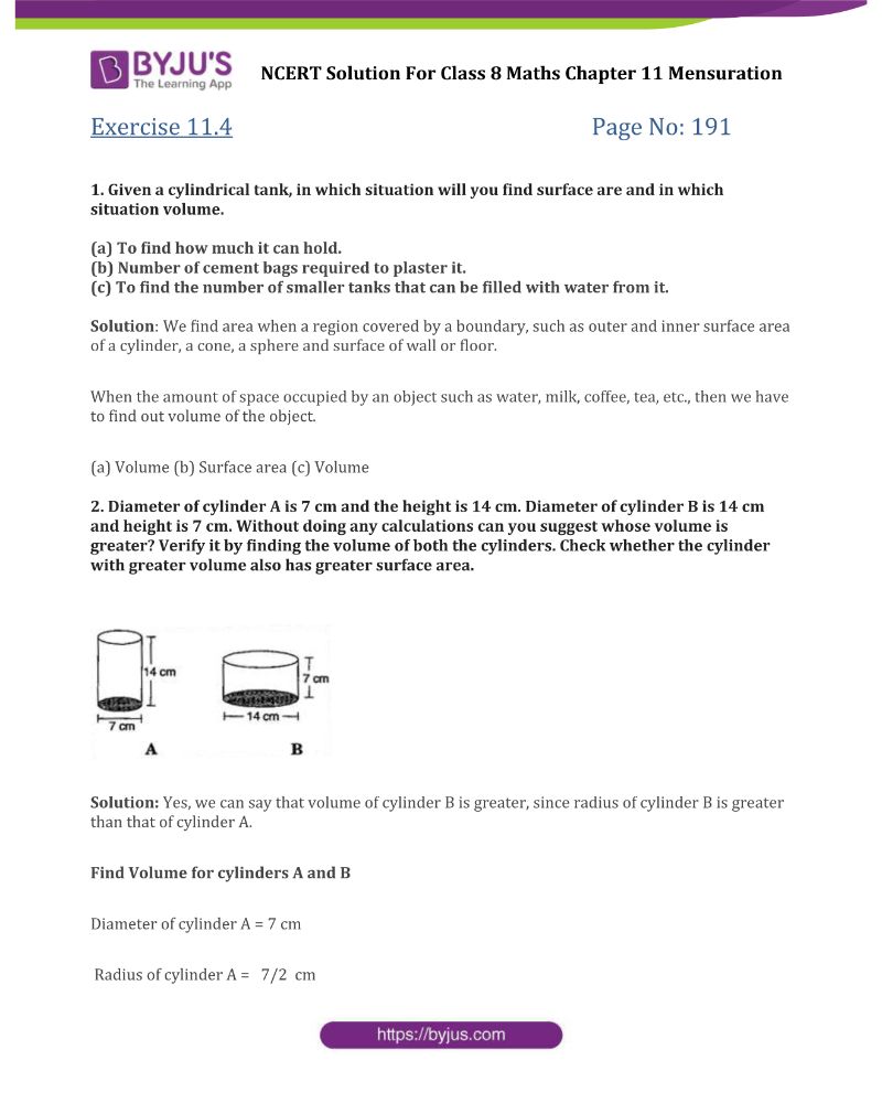 NCERT Solutionfor Class 8 Maths Chapter 11 Mensuration Exercise 11.4 ...