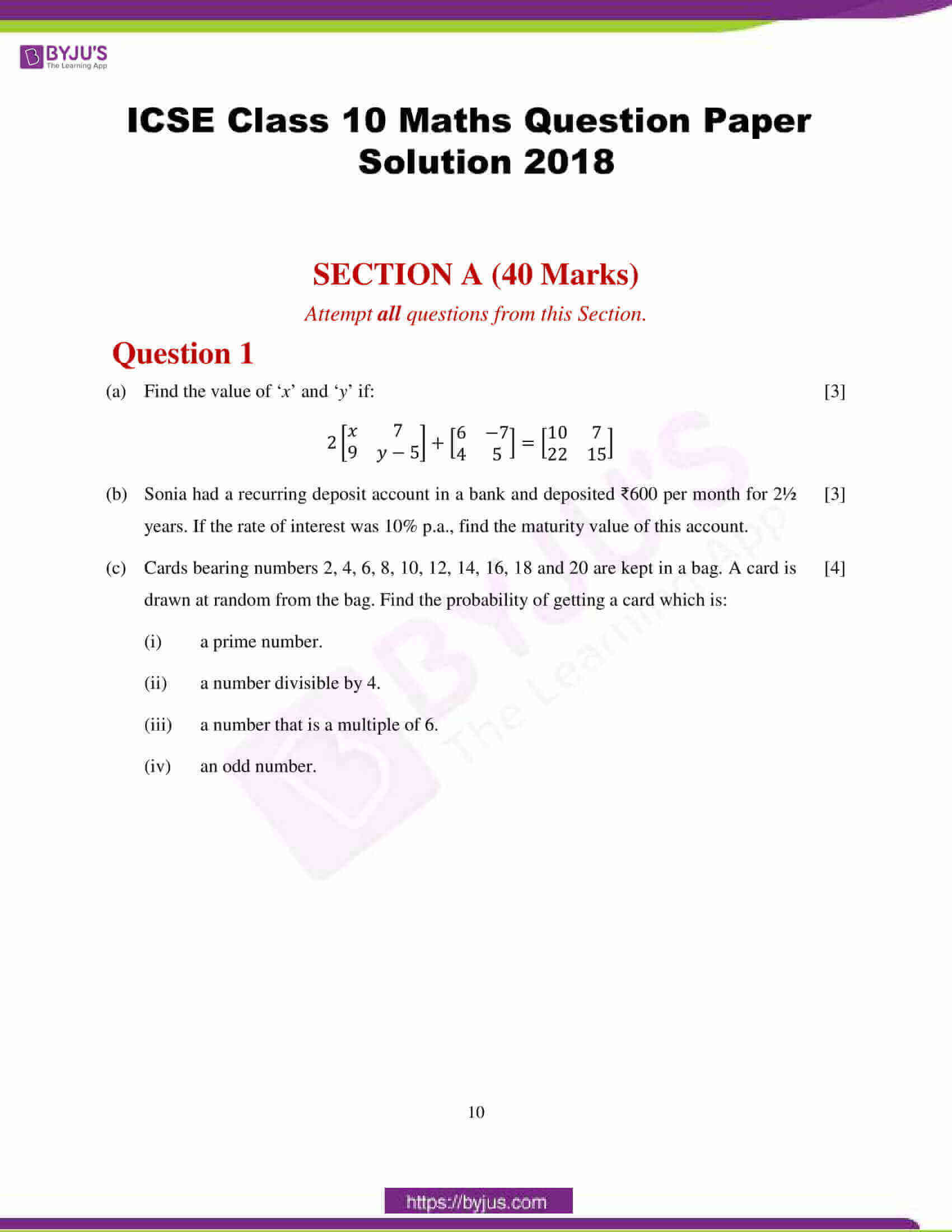 Icse Class 10 Maths Question Paper Solution 2018 01