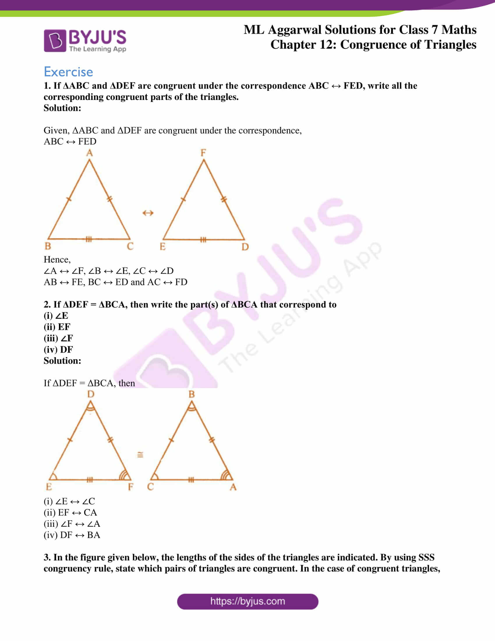 ML Aggarwal Solutions For Class 7 Chapter 12 Congruence Of Triangles