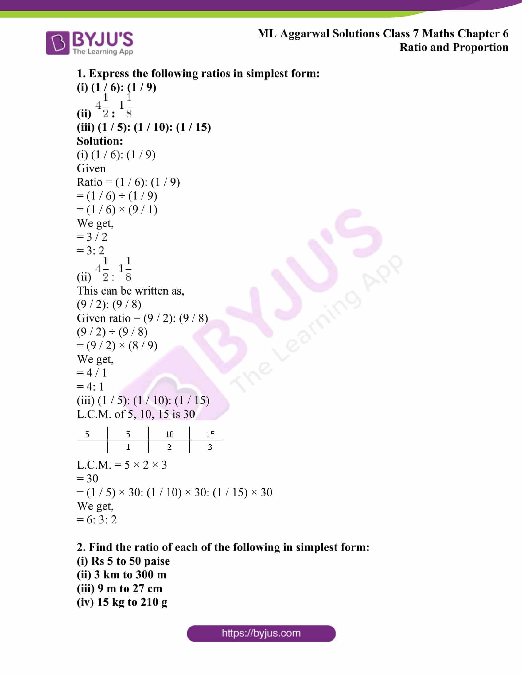 ML Aggarwal Solutions For Class 7 Maths Chapter 6 Ratio And Proportion ML Aggarwal Solutions For Class 7 Maths Chapter 6 Ratio And Proportion