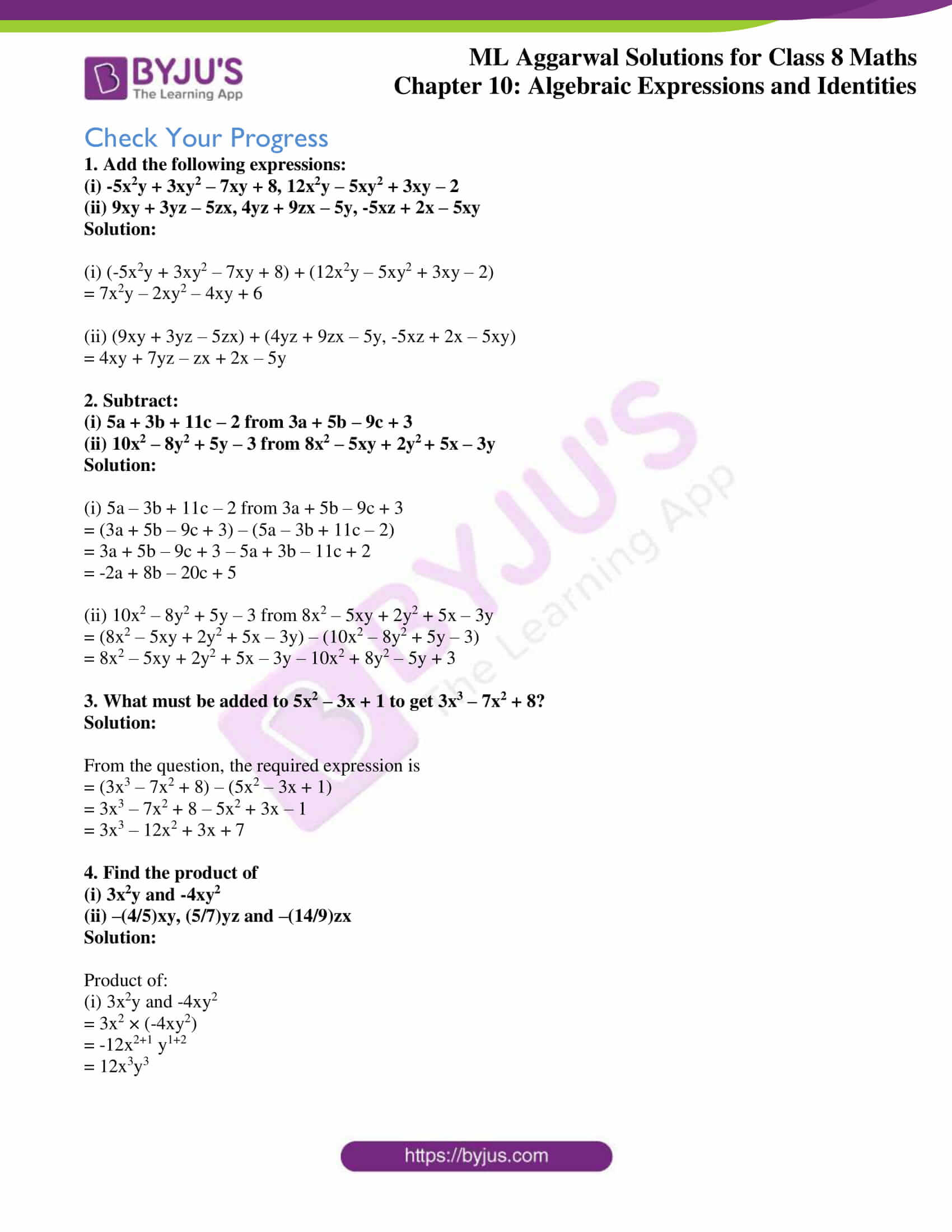 ML Aggarwal Solutions for Class 8 Chapter 10 Algebraic Expressions and ...