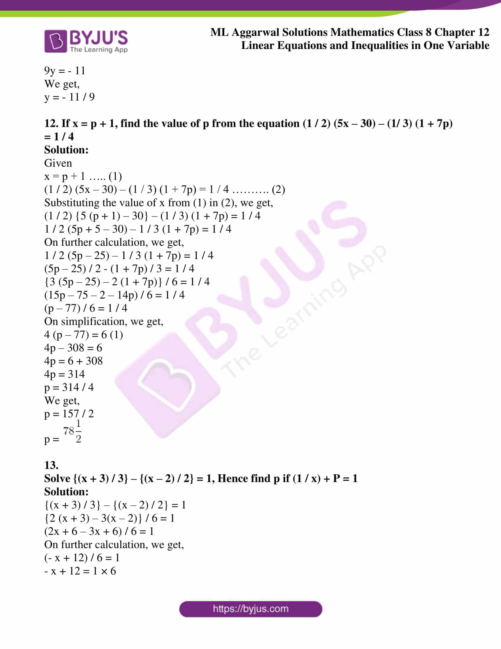 ML Aggarwal Solutions For Class 8 Maths Chapter 12 Linear Equations And 