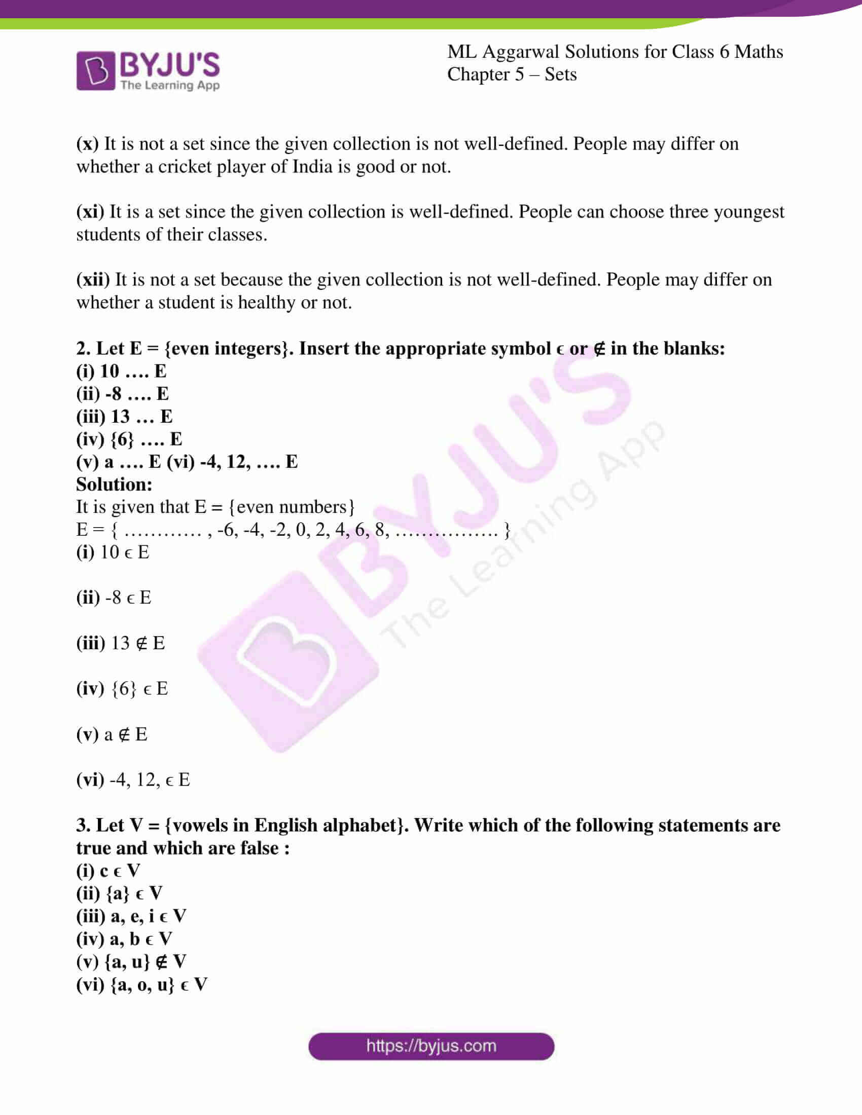 ML Aggarwal Solutions For Class 6 Chapter 5 Sets Download Free PDF