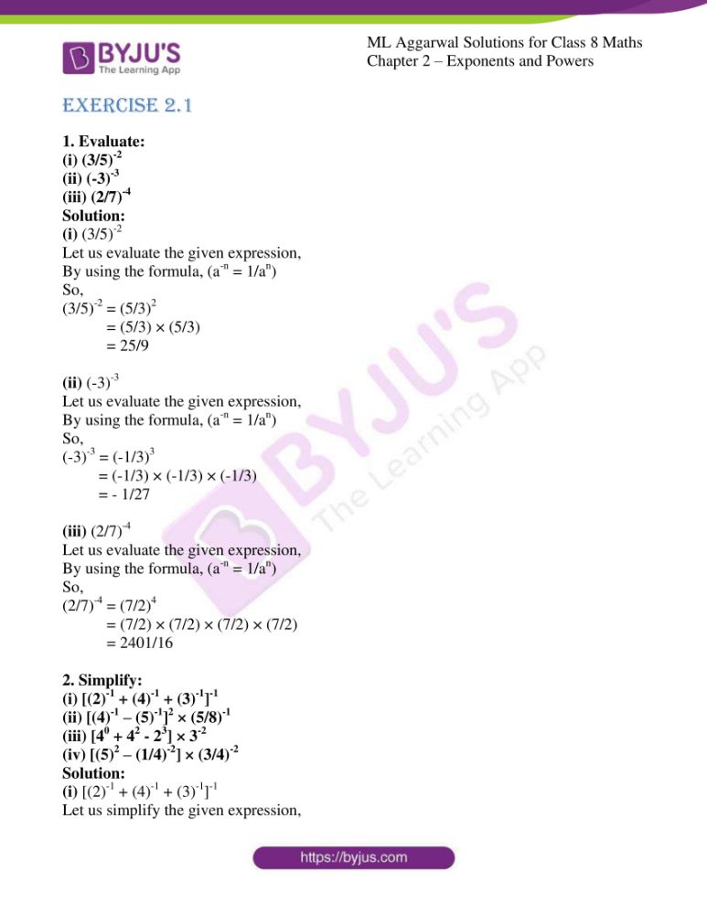 ML Aggarwal Solutions For Class 8 Chapter 2 Exponents And Powers ML Aggarwal Solutions For Class 8 Chapter 2 Exponents And Powers