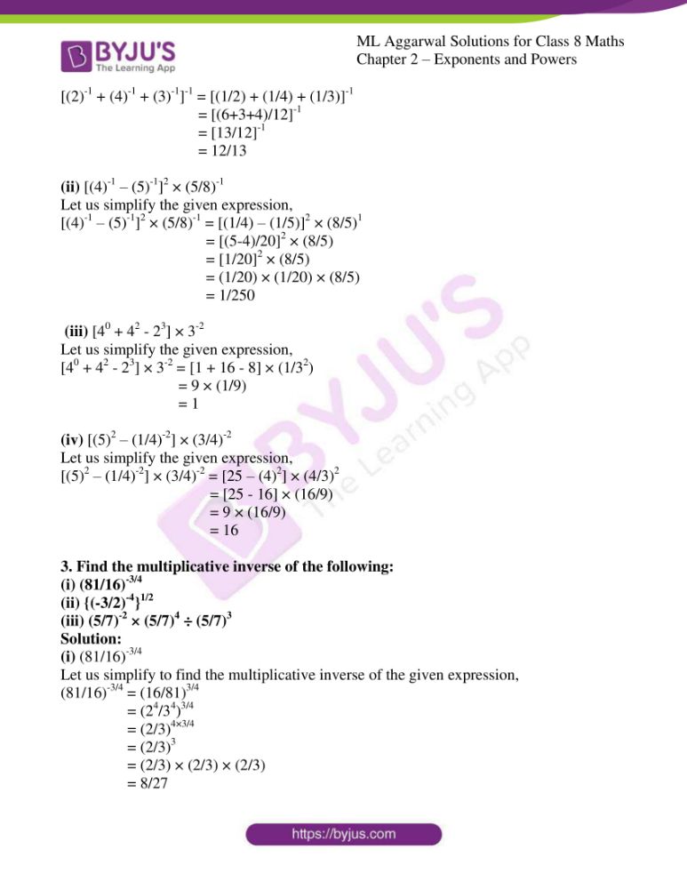 ML Aggarwal Solutions For Class 8 Chapter 2 Exponents And Powers