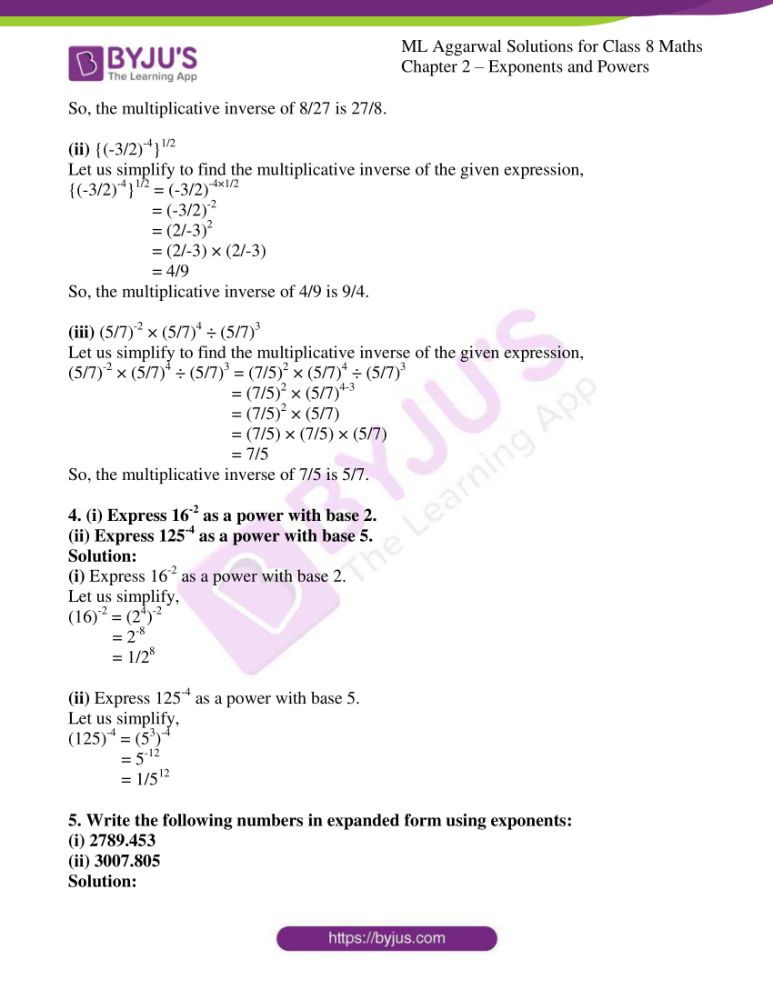 ML Aggarwal Solutions For Class 8 Chapter 2 Exponents And Powers
