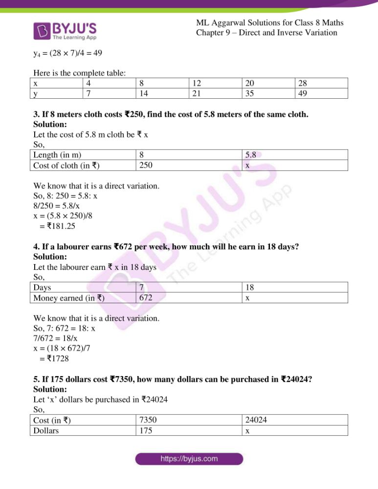 ML Aggarwal Solutions For Class 8 Chapter 9 Direct And Inverse