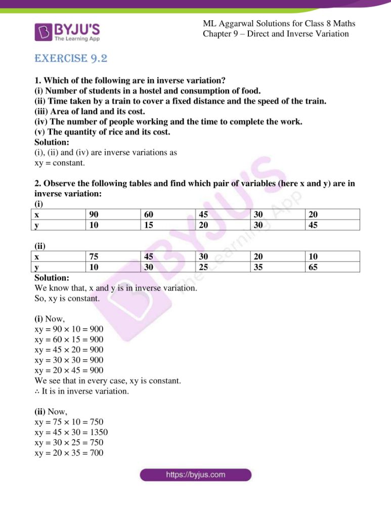 ML Aggarwal Solutions For Class 8 Chapter 9 Direct And Inverse