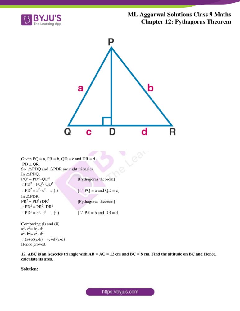 ML Aggarwal Solutions For Class 9 Maths Chapter 12- Pythagoras Theorem