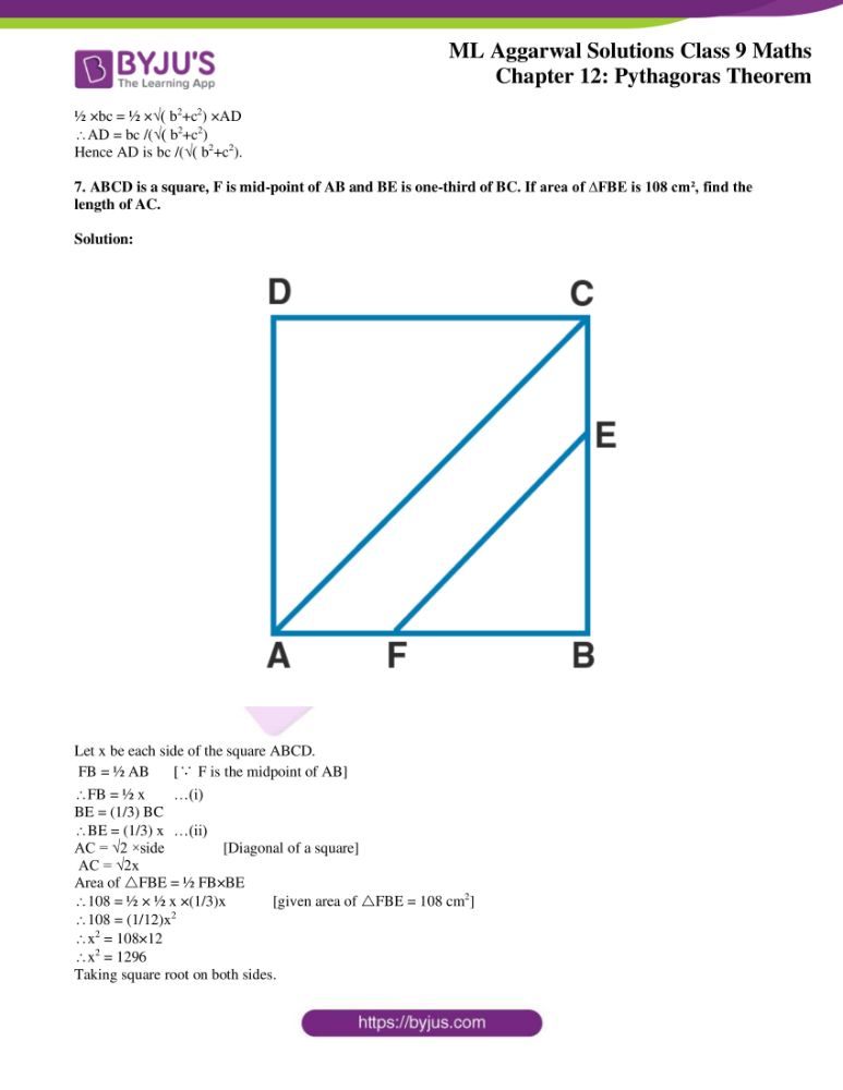 ML Aggarwal Solutions For Class 9 Maths Chapter 12- Pythagoras Theorem