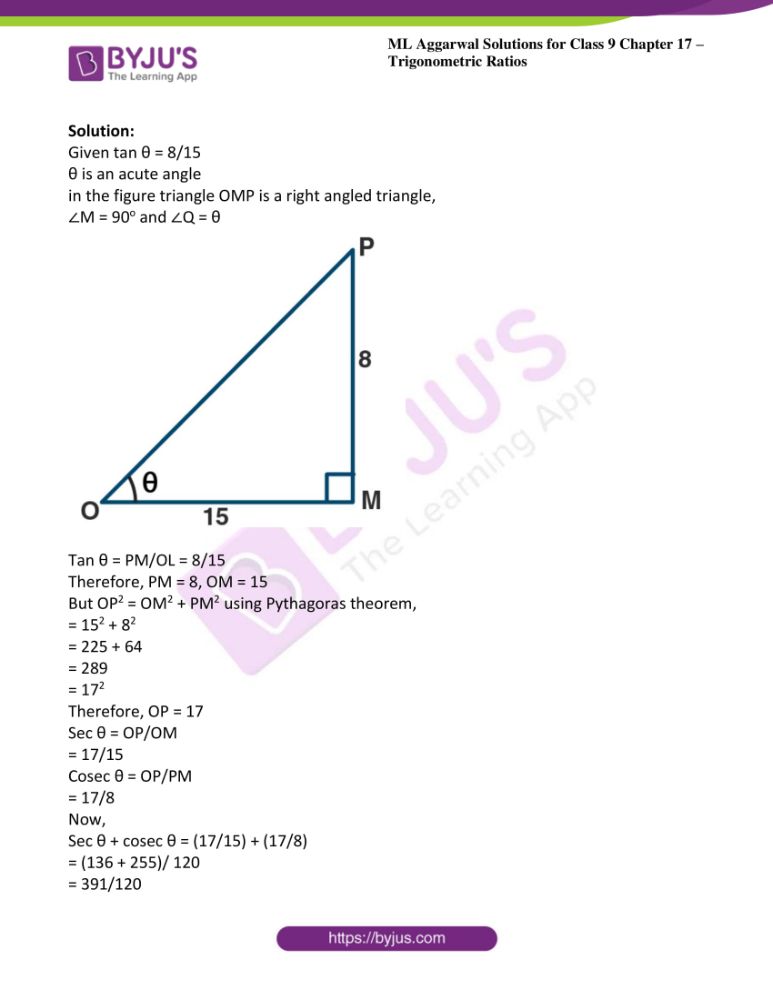 ML Aggarwal Solutions for Class 9 Chapter 17 - Trigonometric Ratios avail free pdf