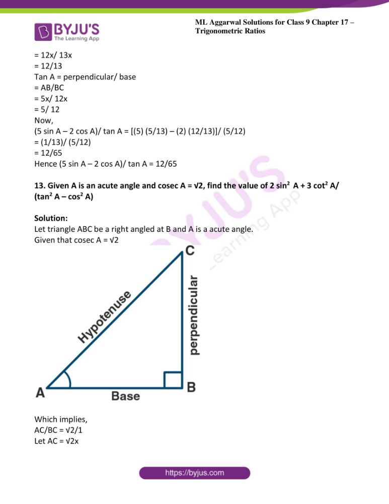ML Aggarwal Solutions for Class 9 Chapter 17 - Trigonometric Ratios avail free pdf
