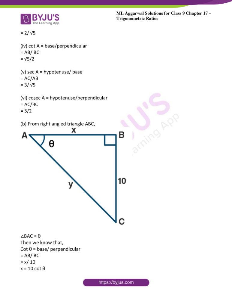ML Aggarwal Solutions for Class 9 Chapter 17 - Trigonometric Ratios avail free pdf