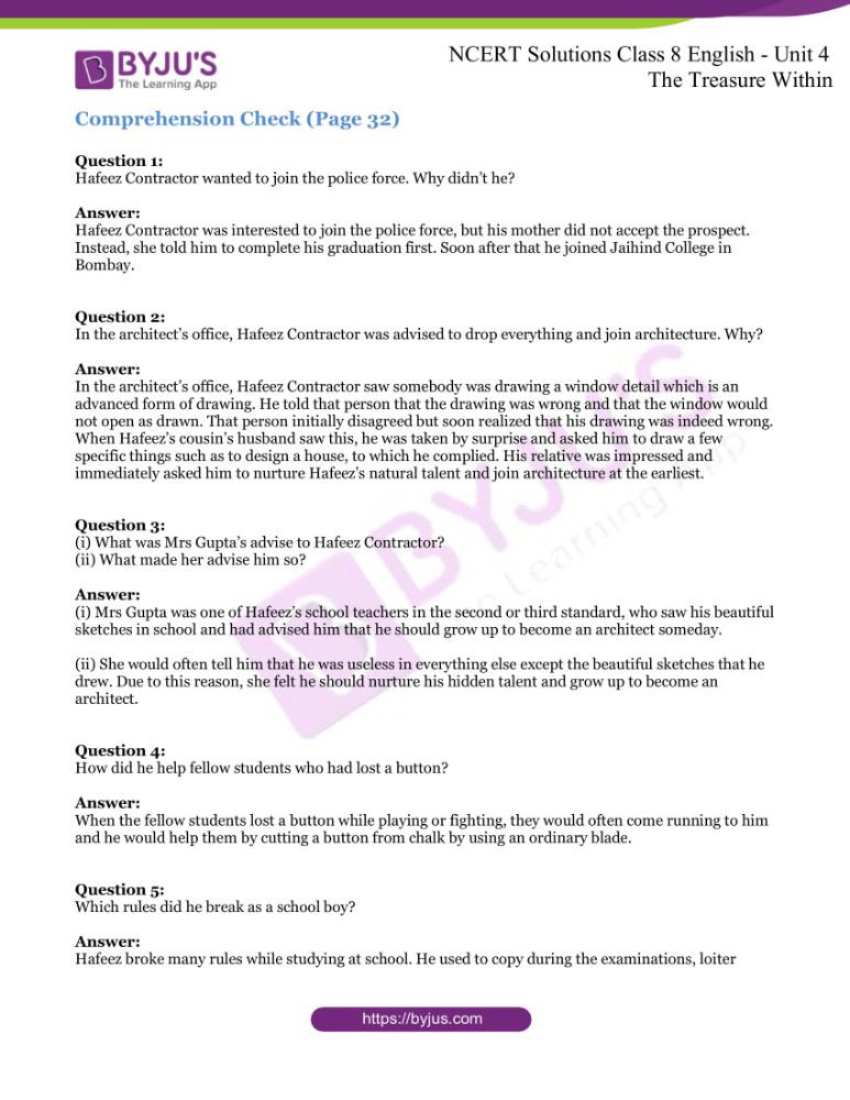 NCERT Solutions for Class 8 English Unit 4 - The Treasure Within | Free ...