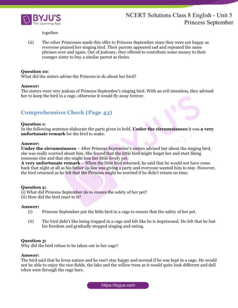 NCERT Solutions For Class 8 English Unit 5 Princess September ncert-solutions-for-class-8-english-unit-5-princess-september