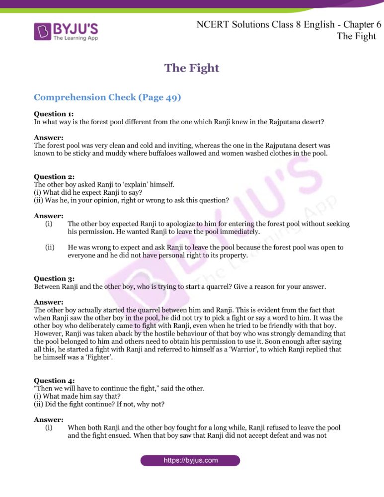 NCERT Solutions for Class 8 English Unit 6 - The Fight | Free Solutions ...