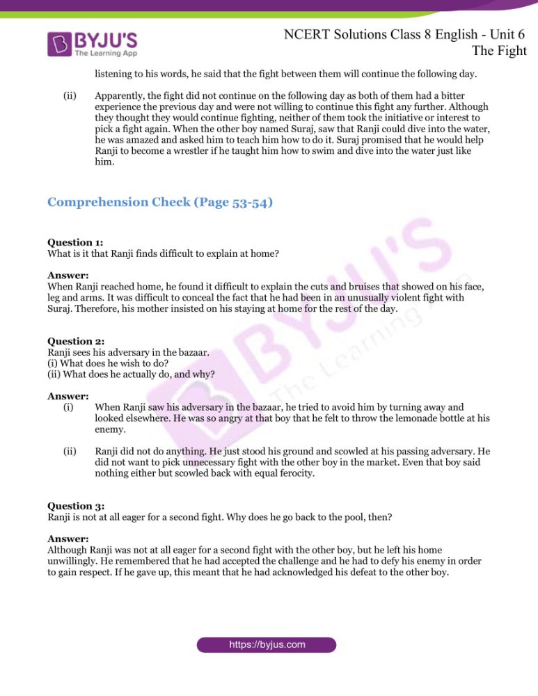 NCERT Solutions for Class 8 English Unit 6 - The Fight | Free Solutions ...