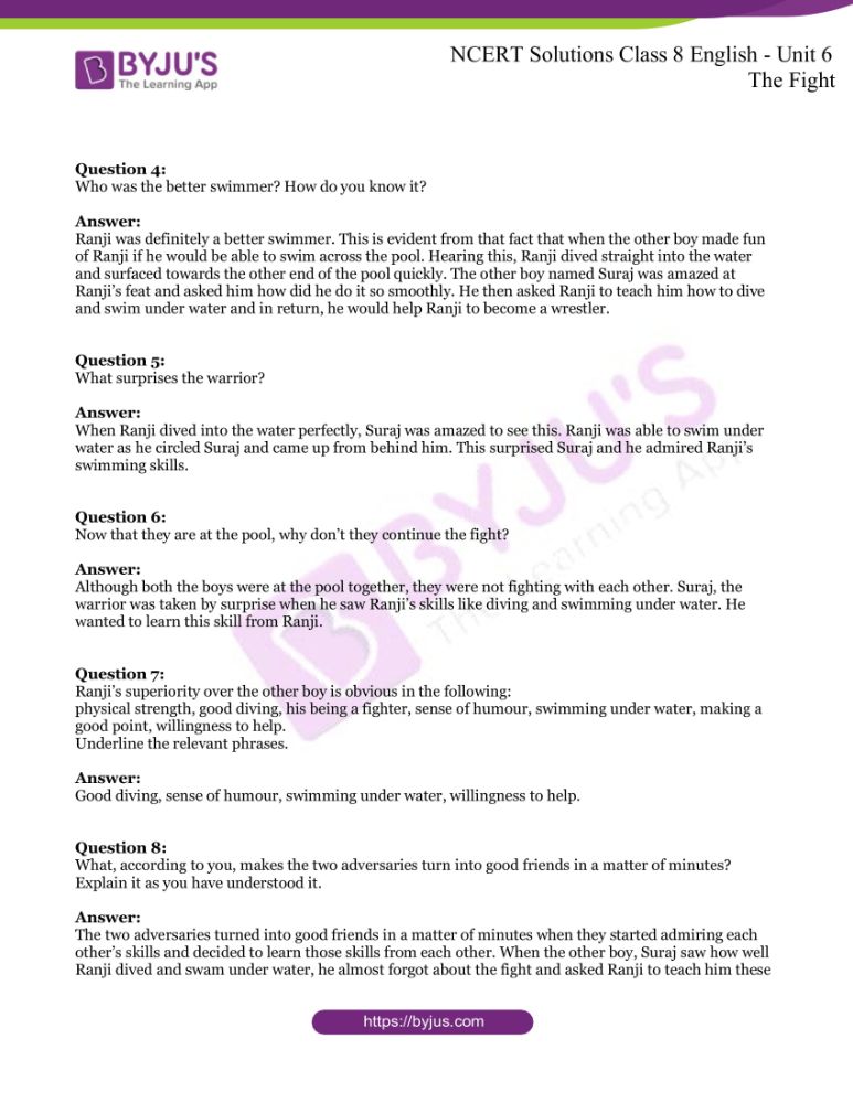NCERT Solutions for Class 8 English Unit 6 - The Fight | Free Solutions ...
