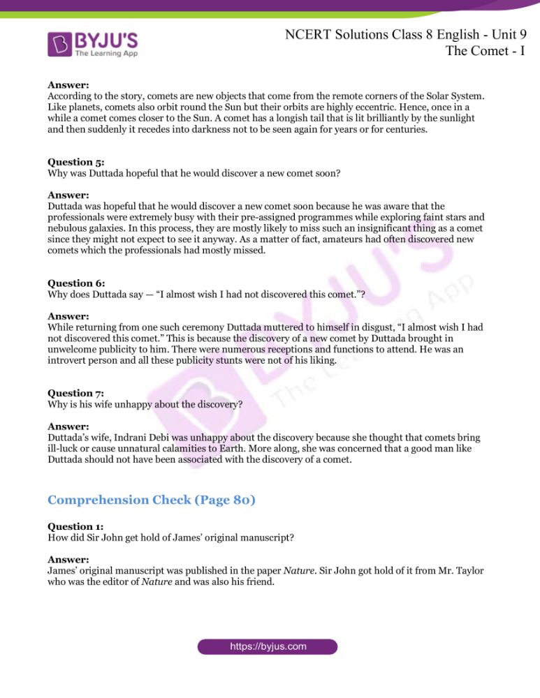 NCERT Solutions For Class 8 English Unit 9 The Comet I Free ncert-solutions-for-class-8-english-unit-9-the-comet-i-free
