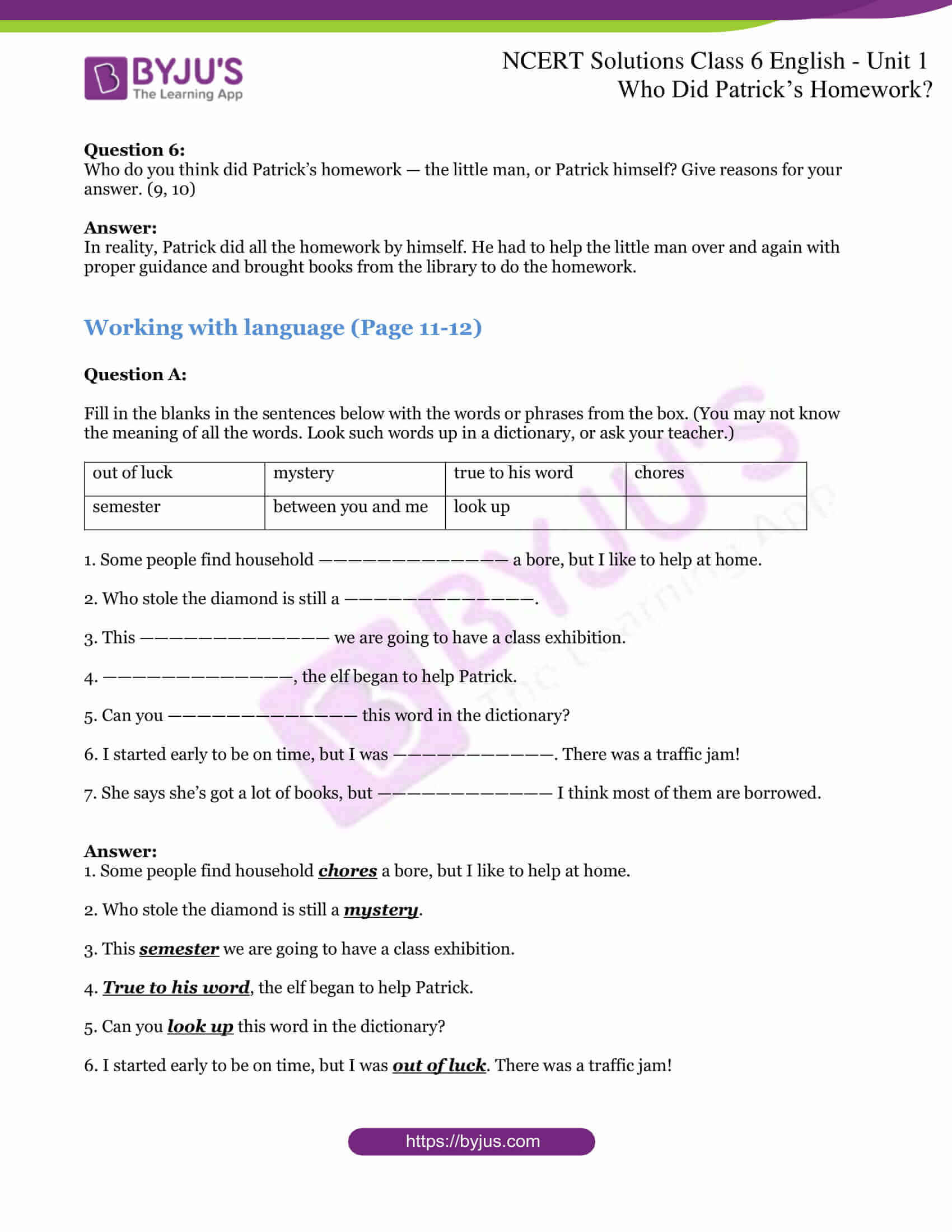 NCERT Solutions For Class 6 English Unit 1 Who Did Patrick s Homework
