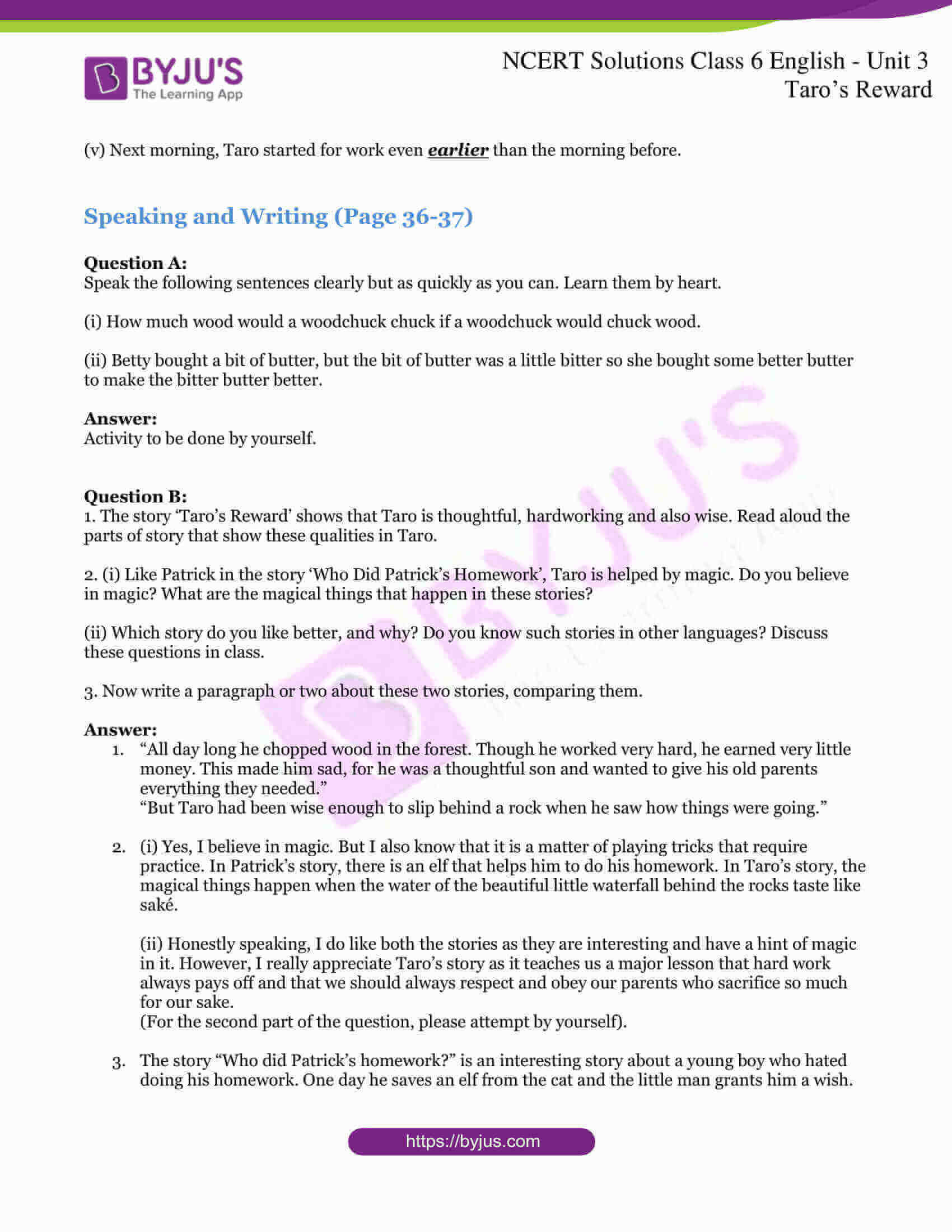 NCERT Solutions For Class 6 English Unit 3 - Taro’s Reward | Download ...