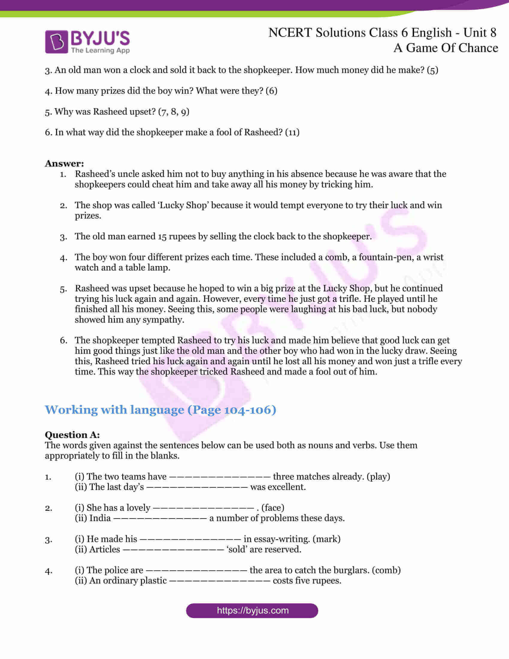 NCERT Solutions For Class 6 English Unit 8 - A Game of Chance ...