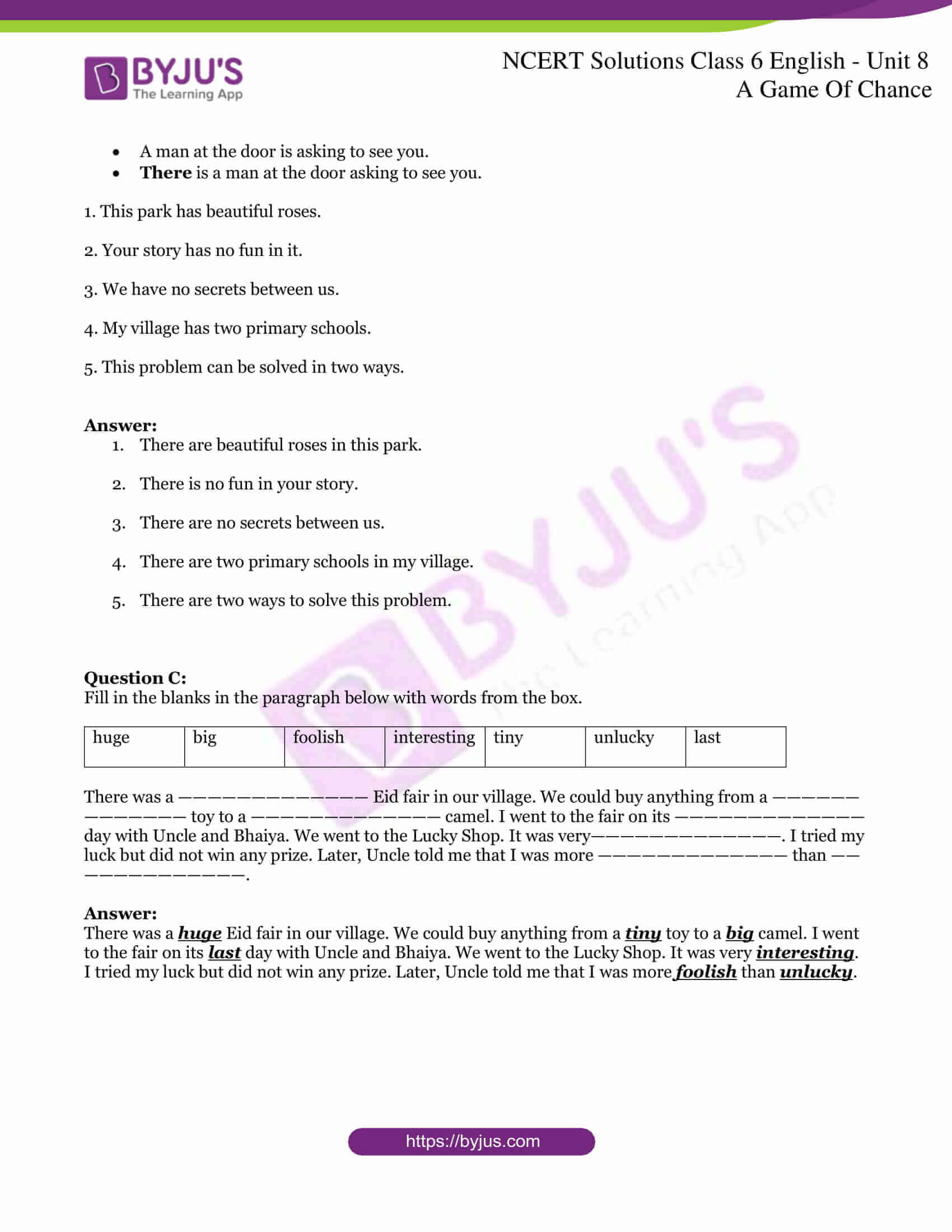 NCERT Solutions For Class 6 English Unit 8 - A Game of Chance ...