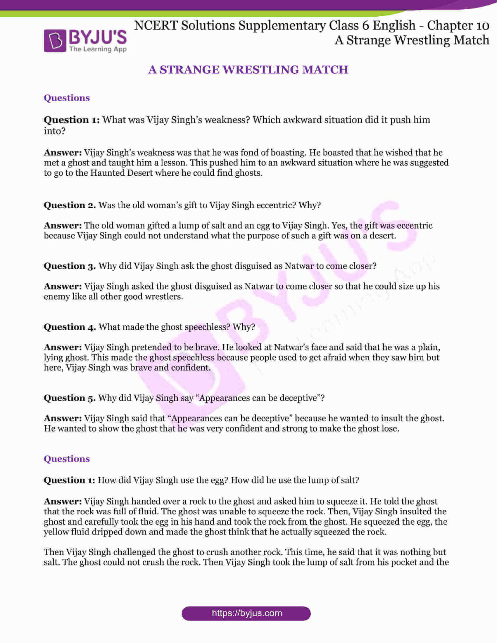 NCERT Solutions For Class 6 English Chapter 10 A Strange Wrestling Match