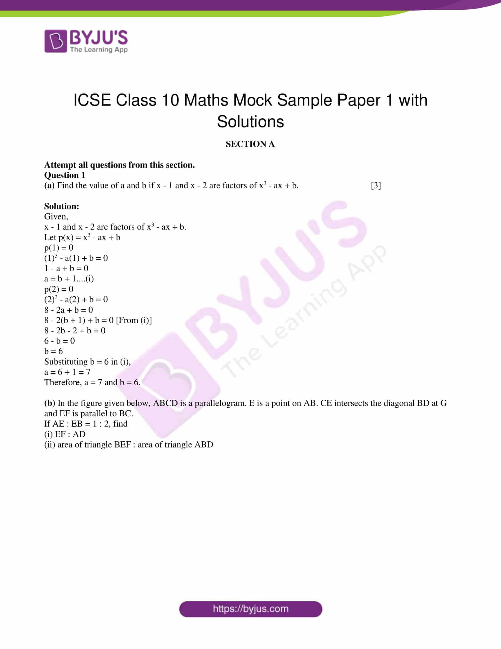 ICSE Class 10 Maths Mock Sample Paper 1 With Answers ICSE Specimen Papers ICSE Class 10 Maths Mock Sample Paper 1 With Answers ICSE Specimen Papers