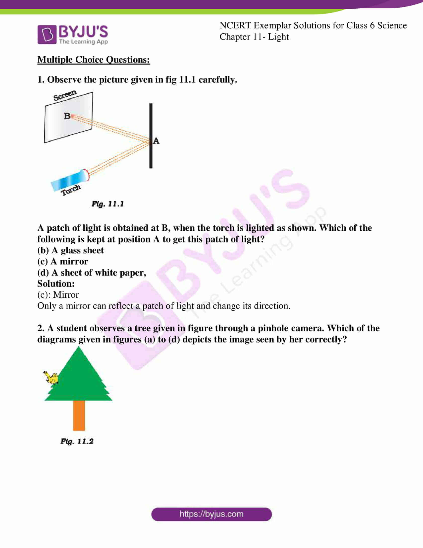 NCERT Exemplar Solutions For Class 6 Science Chapter 11 Light