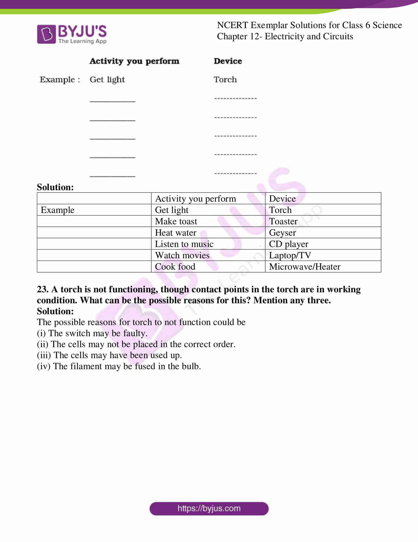 NCERT Exemplar Solutions For Class 6 Science Chapter 12 Electricity