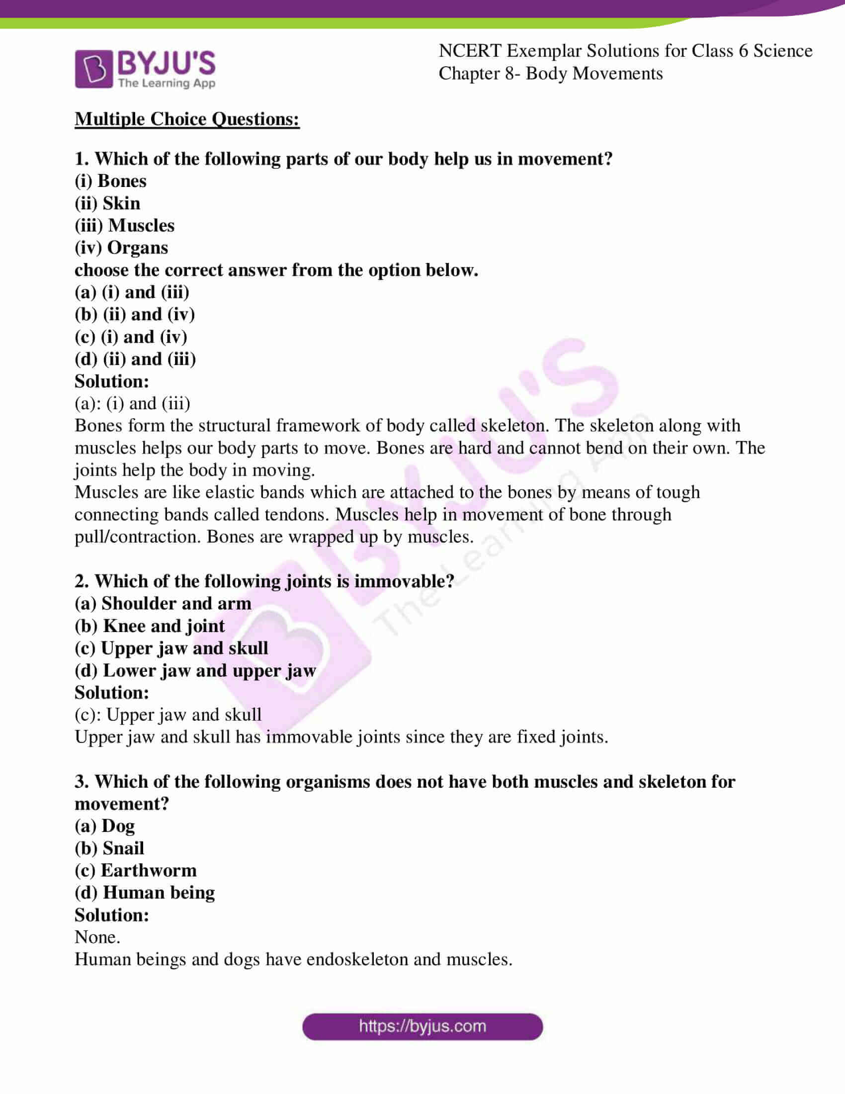 NCERT Exemplar Solutions For Class 6 Science Chapter 8 Body Movement NCERT Exemplar Solutions For Class 6 Science Chapter 8 Body Movement