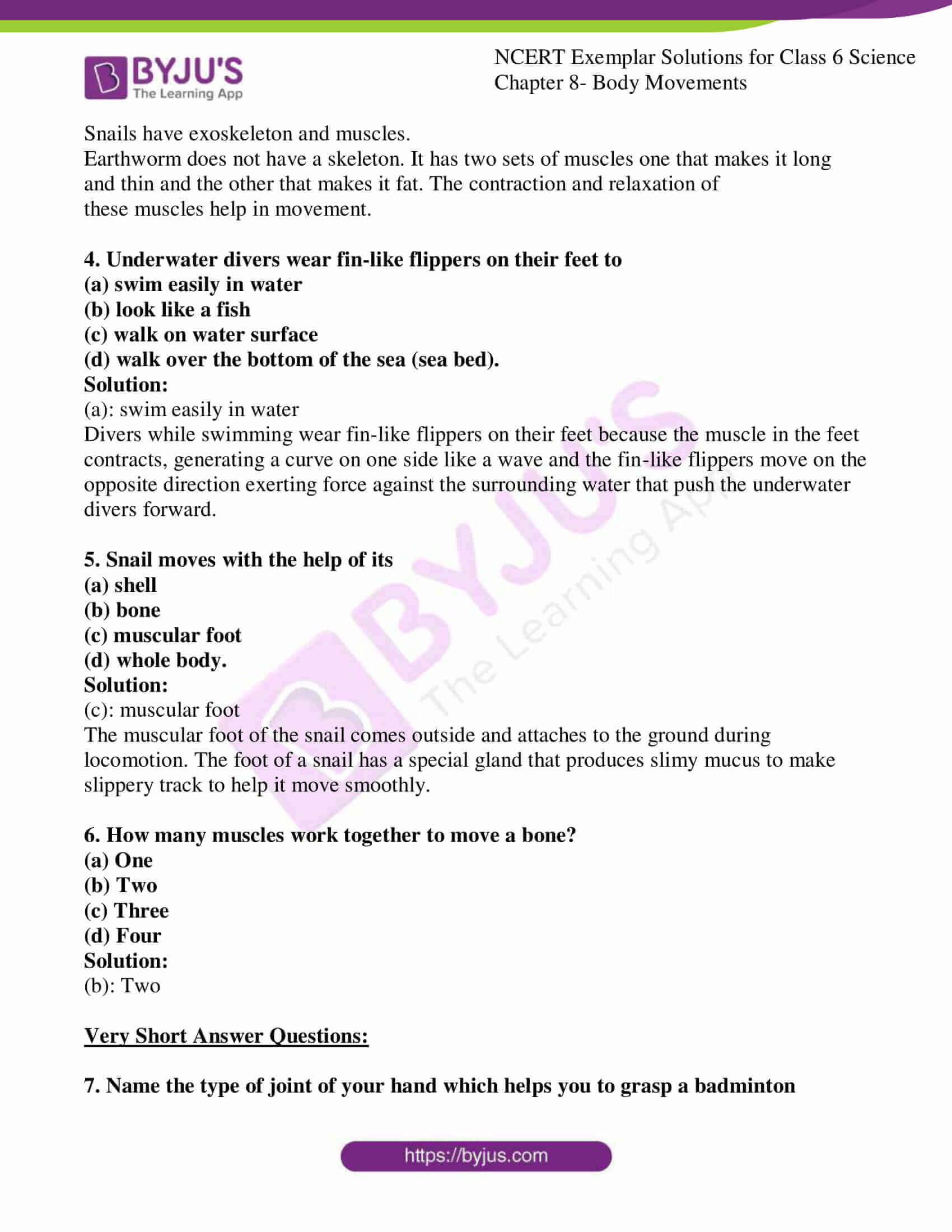 NCERT Exemplar Solutions For Class 6 Science Chapter 8 Body Movement