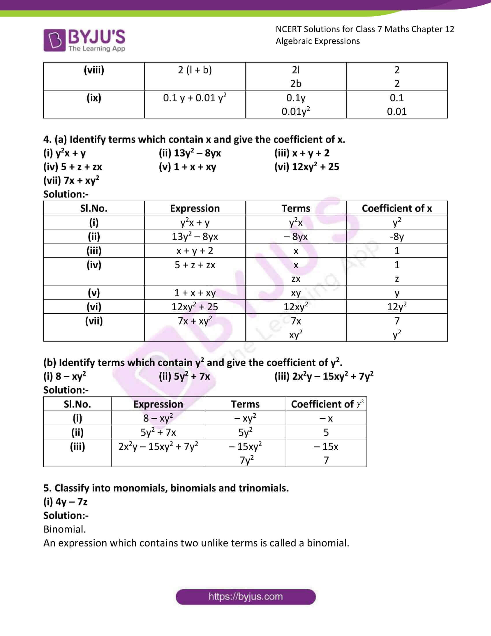 NCERT Solutions for Class 7 Maths Exercise 12.1 Chapter 12 Algebraic Expressions is available in ...