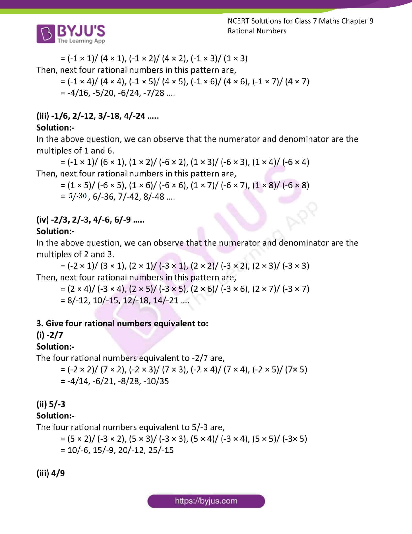 NCERT Solutions For Class 7 Maths Chapter 9 Rational Numbers Exercise 9