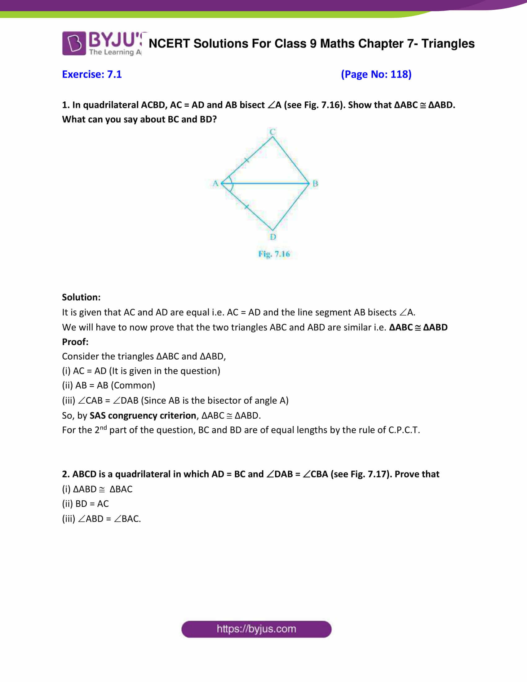 NCERT Solutions For Class 9 Maths Chapter 7 Triangles